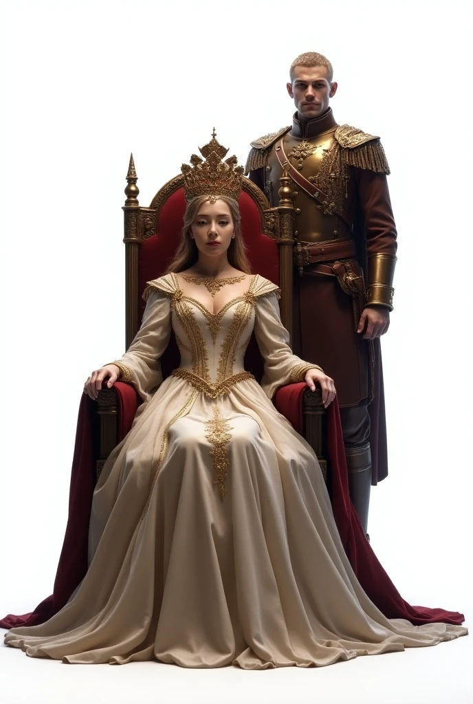 Queen sit on the throne with one soldier beside standing they both ...