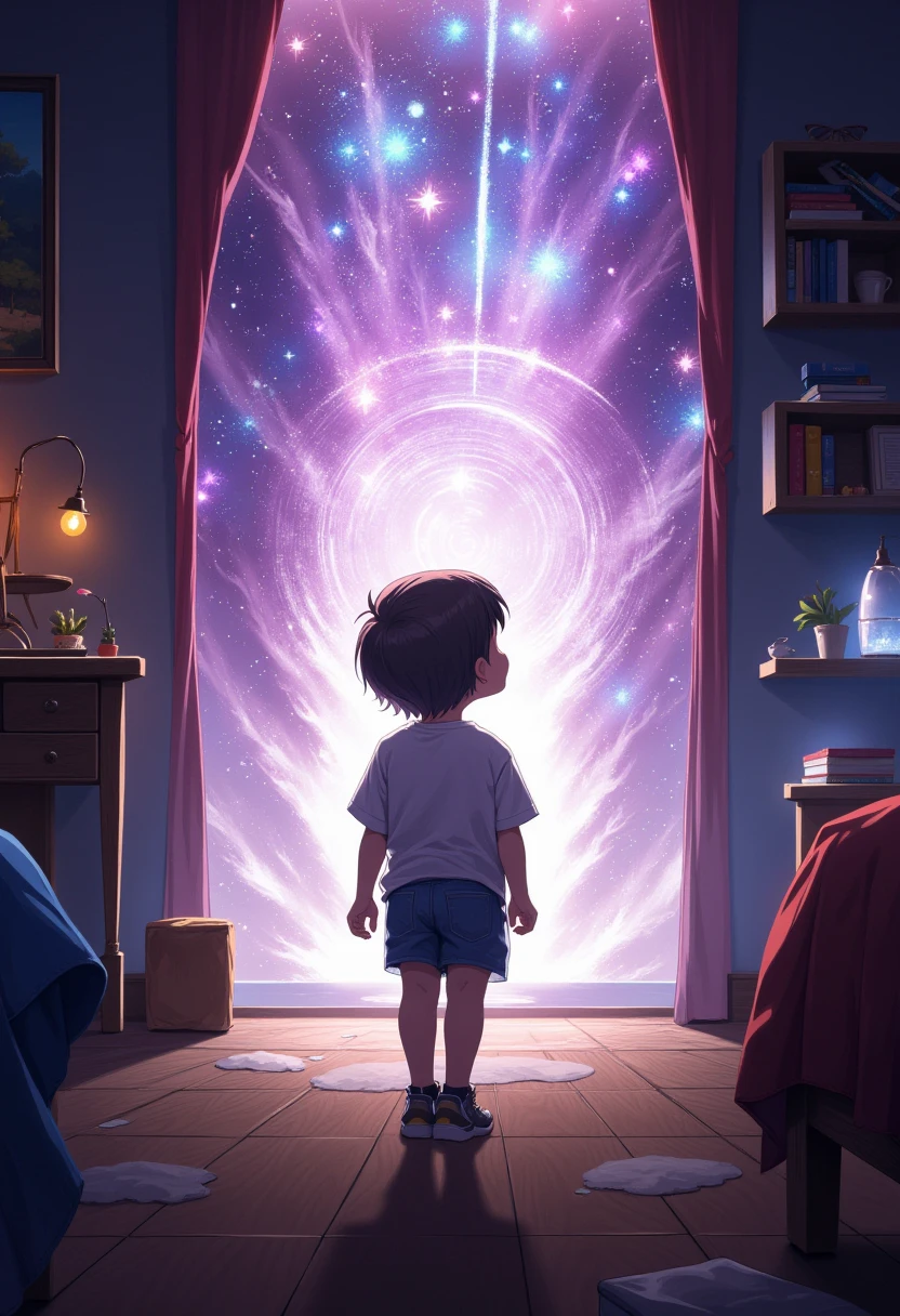 A boy standing at the portal in the bedroom, glowing portal - SeaArt AI
