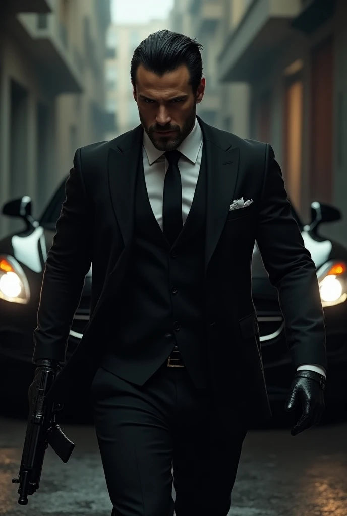 A tough guy black hair brings the automatic gun wear suits with gloves ...