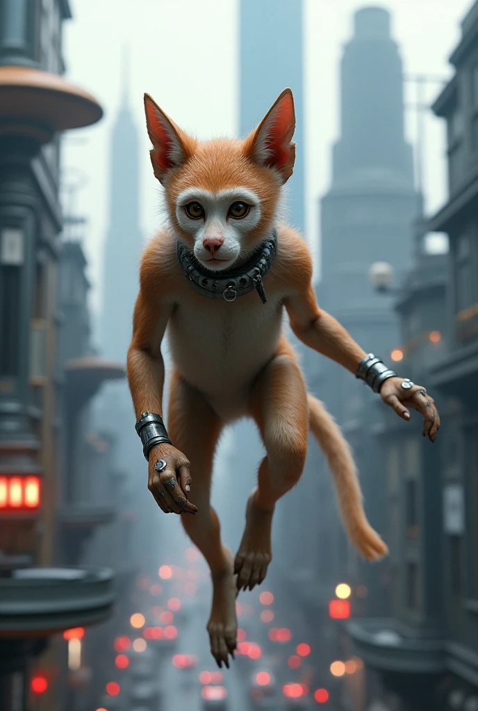 Monkey fox hybrid against the backdrop of a futuristic metropolis ...