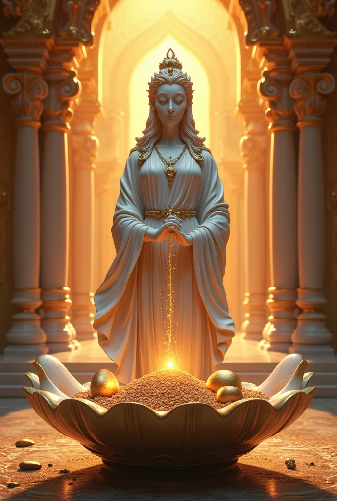 A goddess statue in a glowing temple, water flowing from the goddess ...