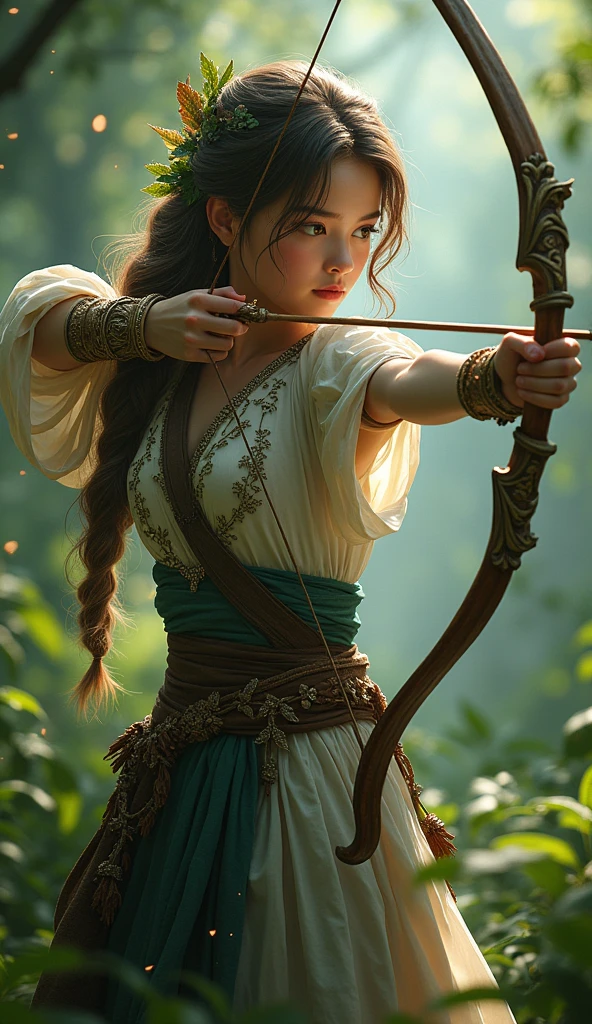 " A young archer in detailed costume and leaf ornaments in her hair ...