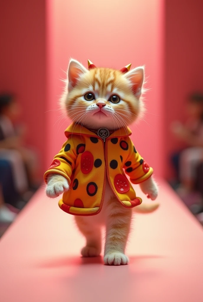 Create a cute kitten on a fashion runway with pizza-themed clothes ...