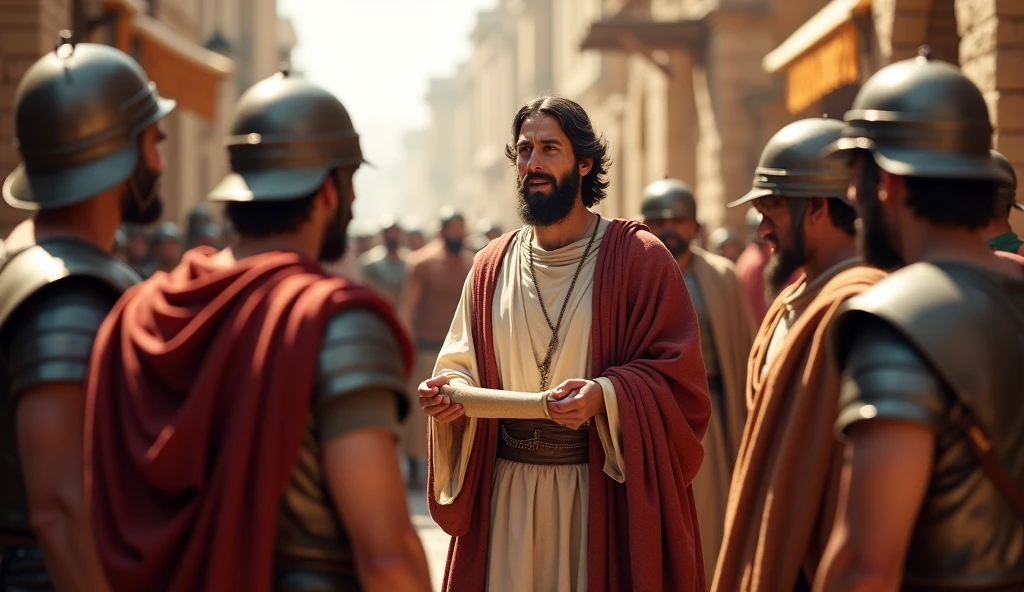 "Apostle Paul speaking with Roman soldiers on a busy street in ancient ...