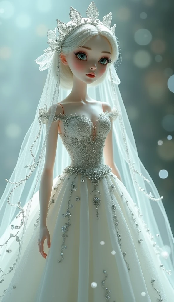 Create a totally cute glass doll wearing long voluminous dress and veil ...