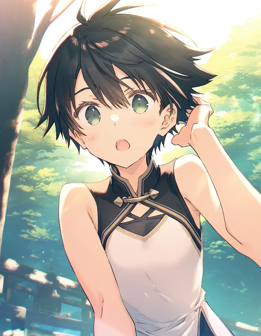 1girl, tomboy, little female, flat chest, open mouth, outdoors - SeaArt AI