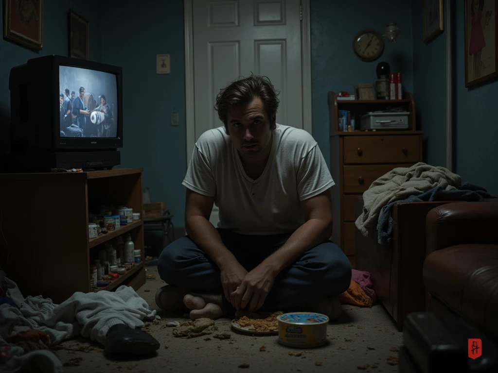 man drooling in a lethargic state watching TV, The living room is dirty ...