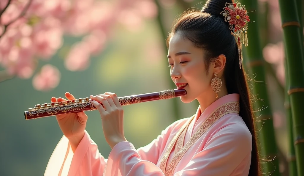A serene photograph of a Chinese lady playing the flute, traditional ...