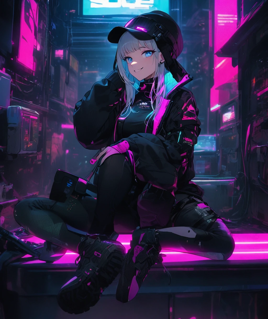 Women Sitting on a Shelf Wearing a Black Jacket and Pants, cyberpunk ...
