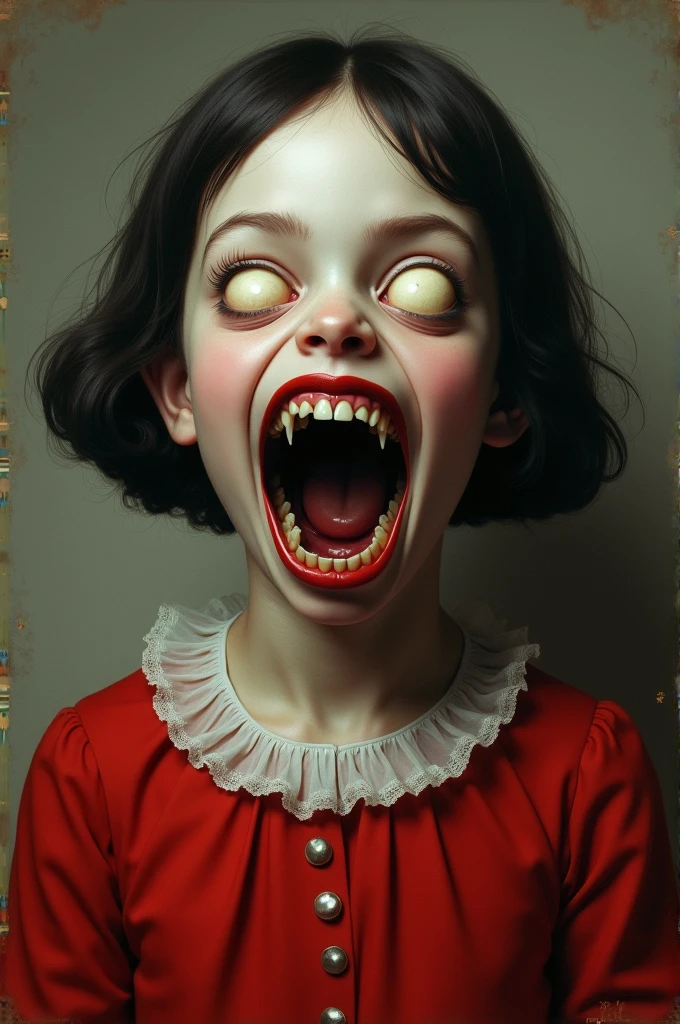 An eyeless girl with a huge mouth with huge teeth and short hair ...