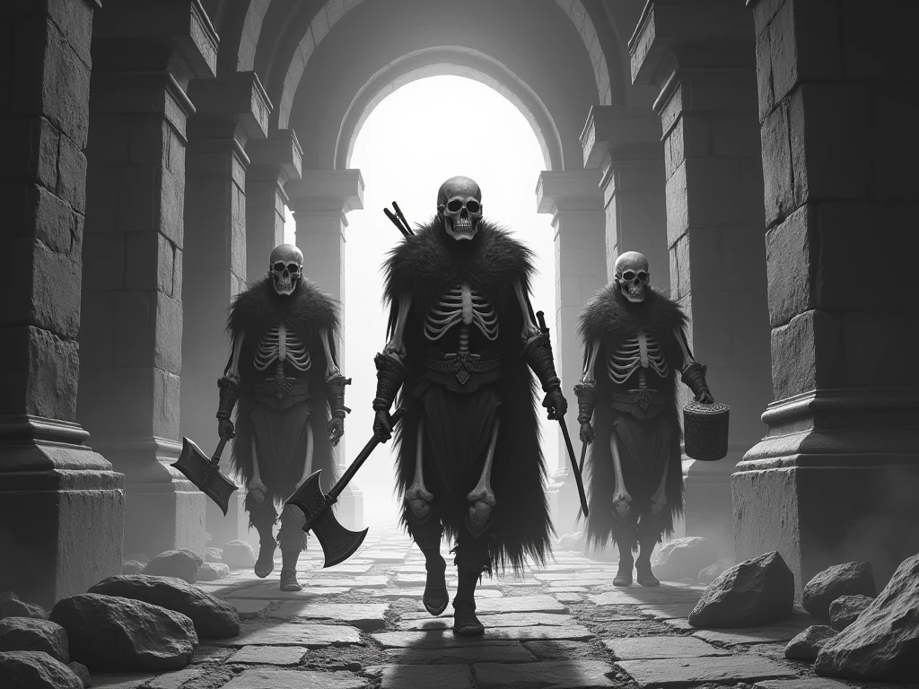 Dark Fantasy Style Image all in Black and White> Inside an ancient ...