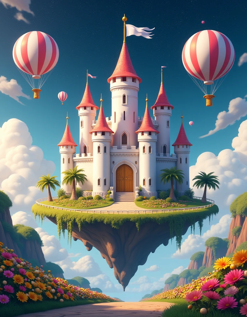 Create high resolution/4K A medieval style white-pink Castle floating ...