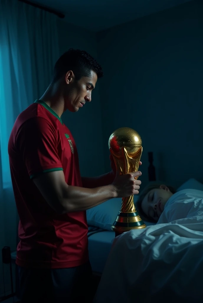 The image shows famous football player Cristiano Ronaldo, in a bedroom ...
