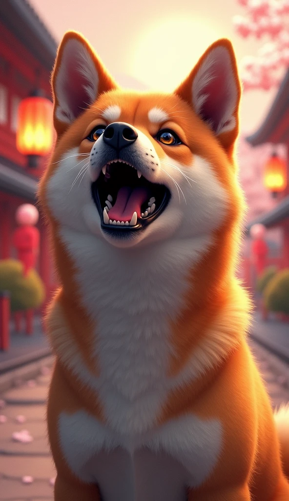 Shiba Inu howling with a unique expression 。 The background contains ...
