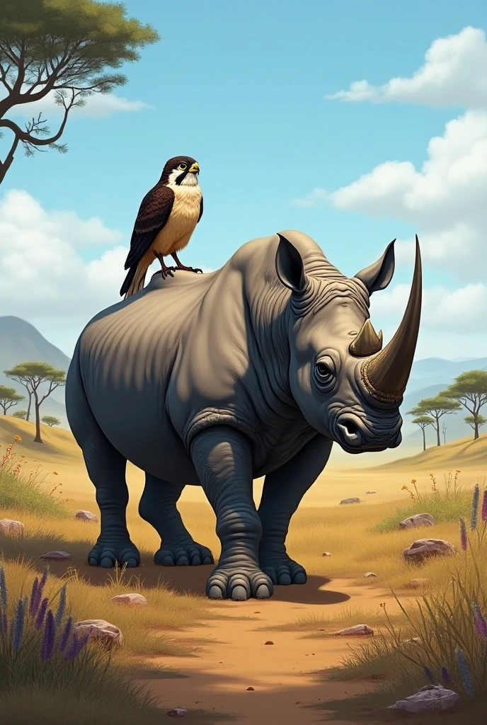 Create an image featuring a rhinoceros and a falcon side by side ...