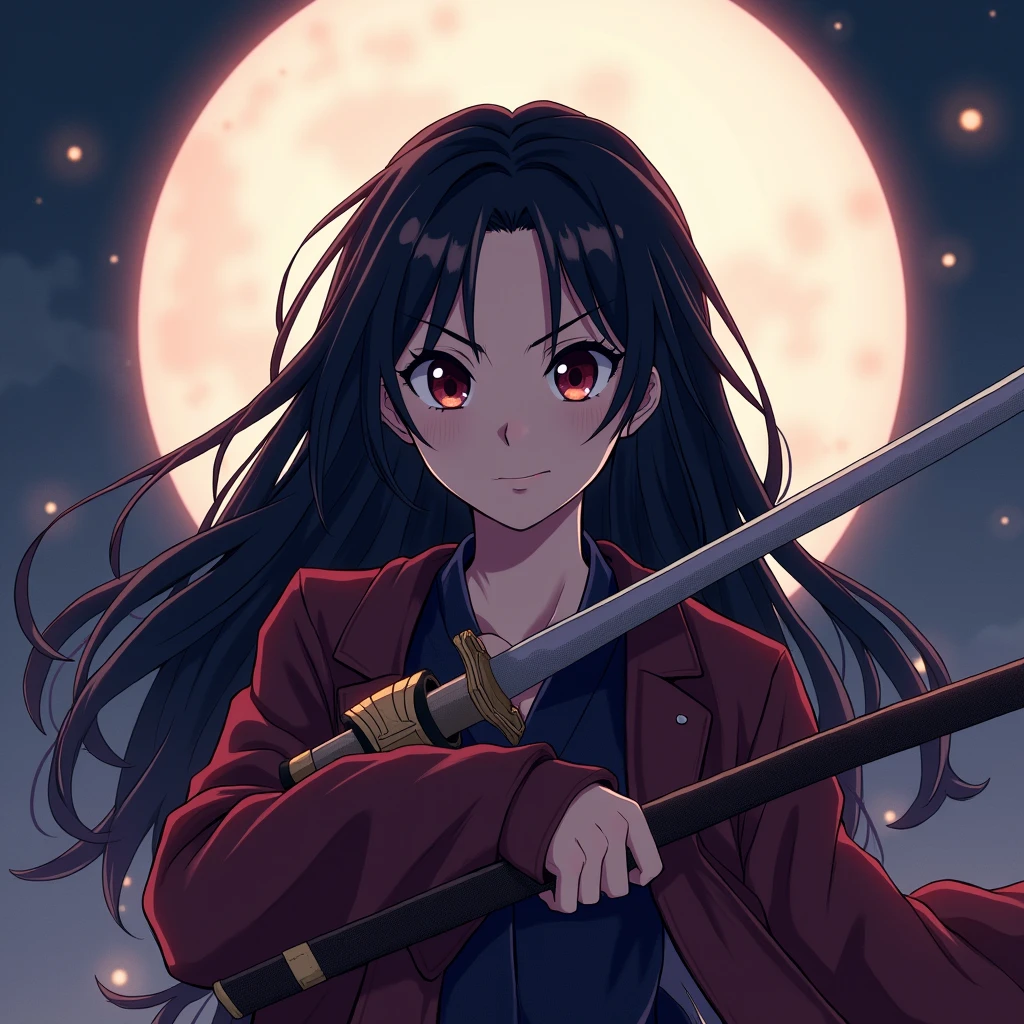 Anime character with long hair holding a sword in front of a full moon ...