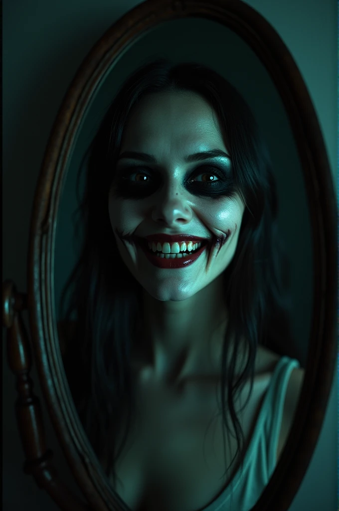 Terrifying reflection of a woman with completely black eyes and a smile ...