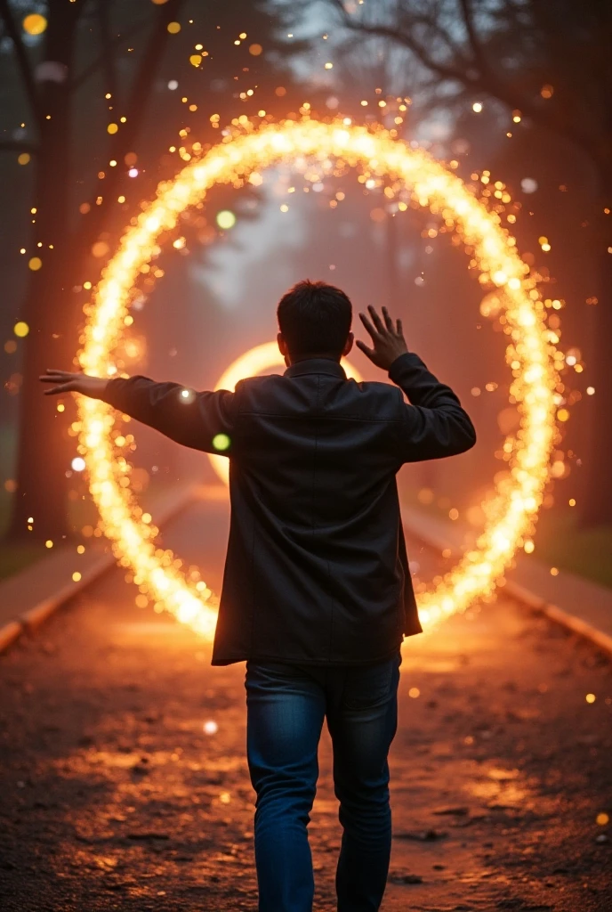 Close-up of a person crossing a flickering portal , with blinding ...