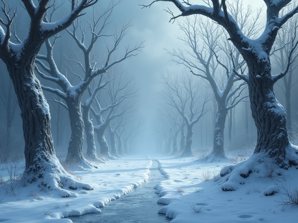 Stunning view of a snowy ice field with frozen trees during a snowstorm ...