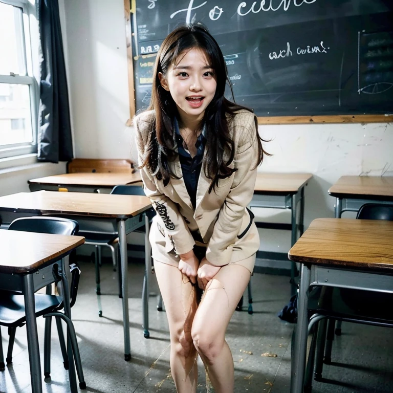 A female teacher is peeing in front of a blackboard during class - SeaArt AI
