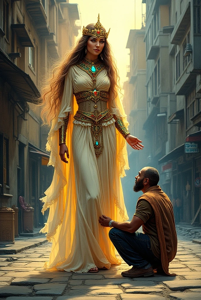 Goddess fusion of Brigid and the goddess Hathor helping a beggar in ink ...