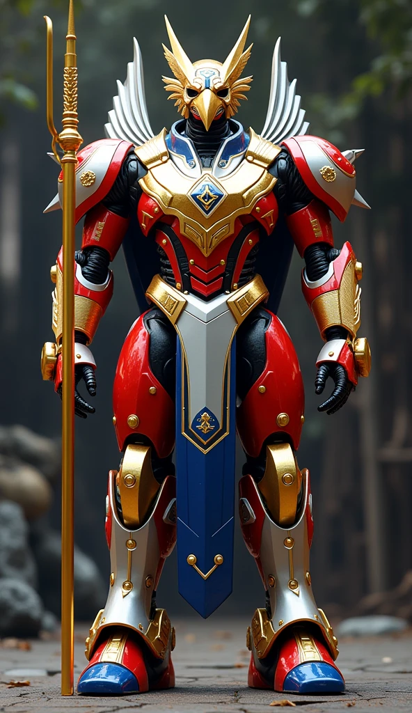A red, white, and blue robot with gold trim. The robot’s head resembles ...