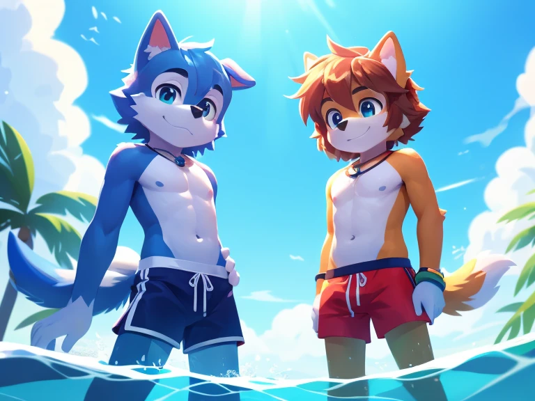 Two furry boys, a cute blue dog with shiny hair, a detailed body ...