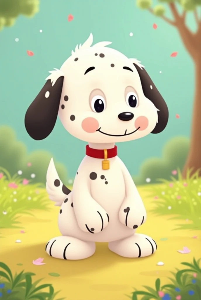 Make a cartoon character of a Snoopy-like dog all white and with black ...