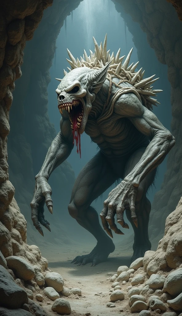 The Bone Hunter ": A grey-skinned creature , with a jaw that opens unnaturally - SeaArt AI