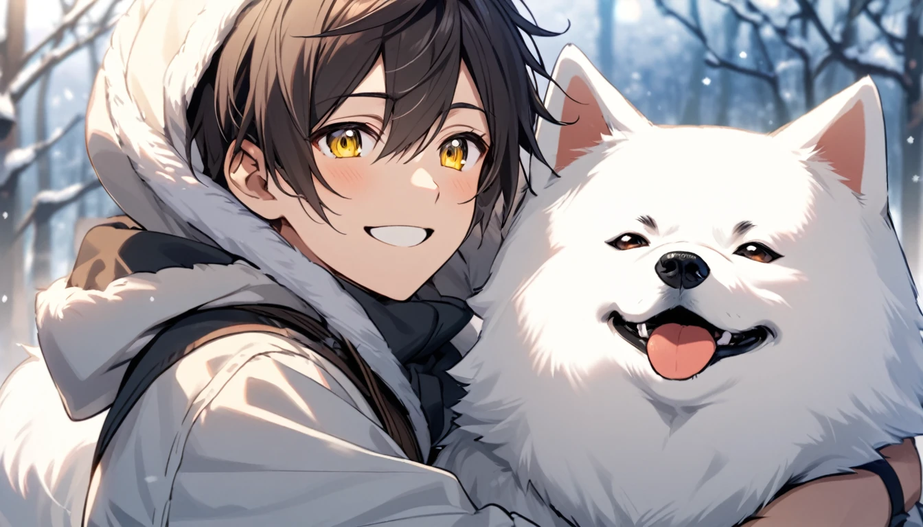 A young man with yellow eyes , Embrace a smiling Samoyed dog with dark ...