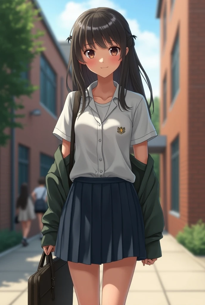 Girl in school uniform wearing a dropped jacket and wearing a short ...
