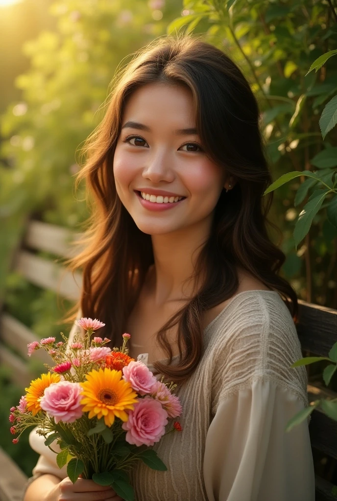 A bright-eyed beauty smiles warmly, her lips curving upward in a ...