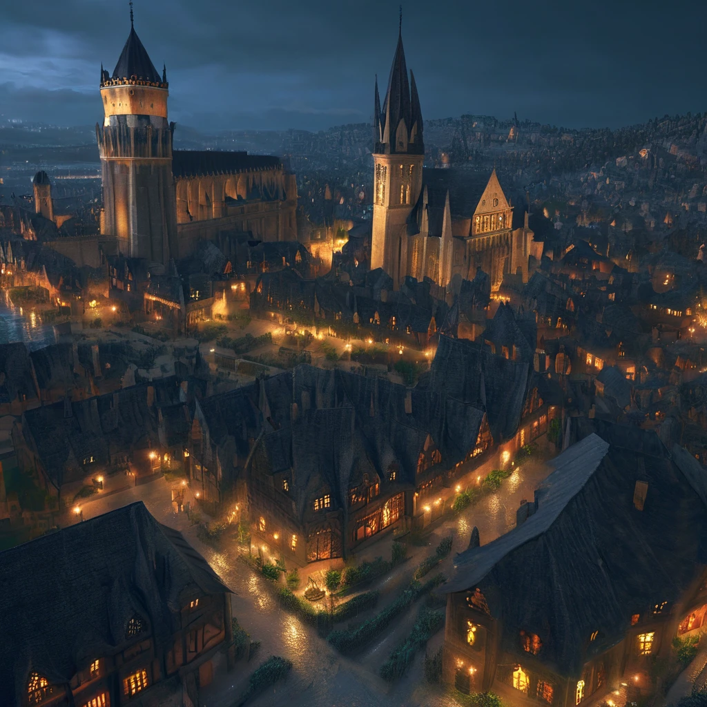 Medieval city at night but with few lights on（Horrifying decor - SeaArt AI