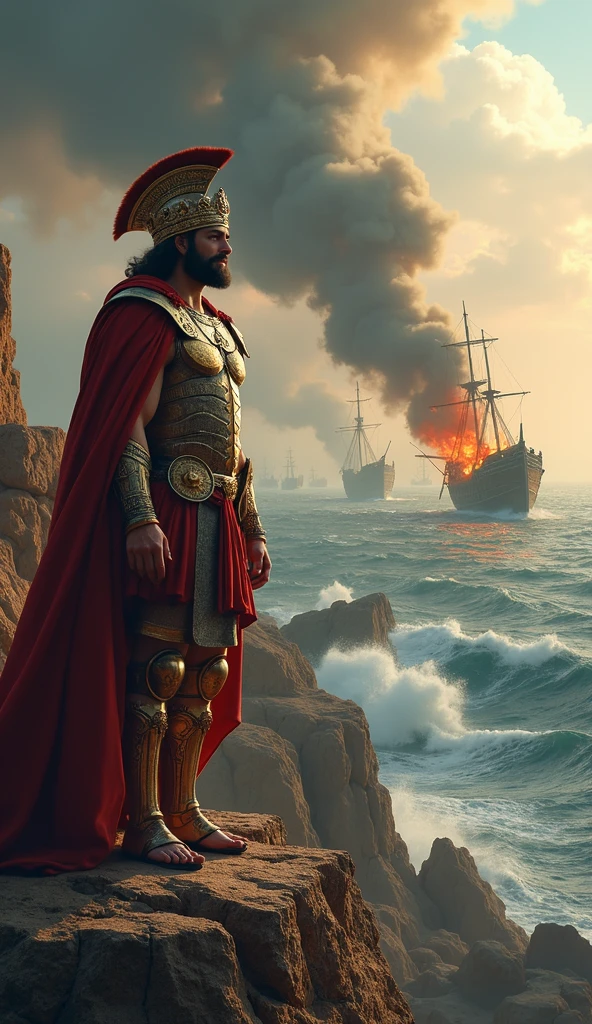 King Xerxes I depicted in the distance, standing on a rugged cliff with ...