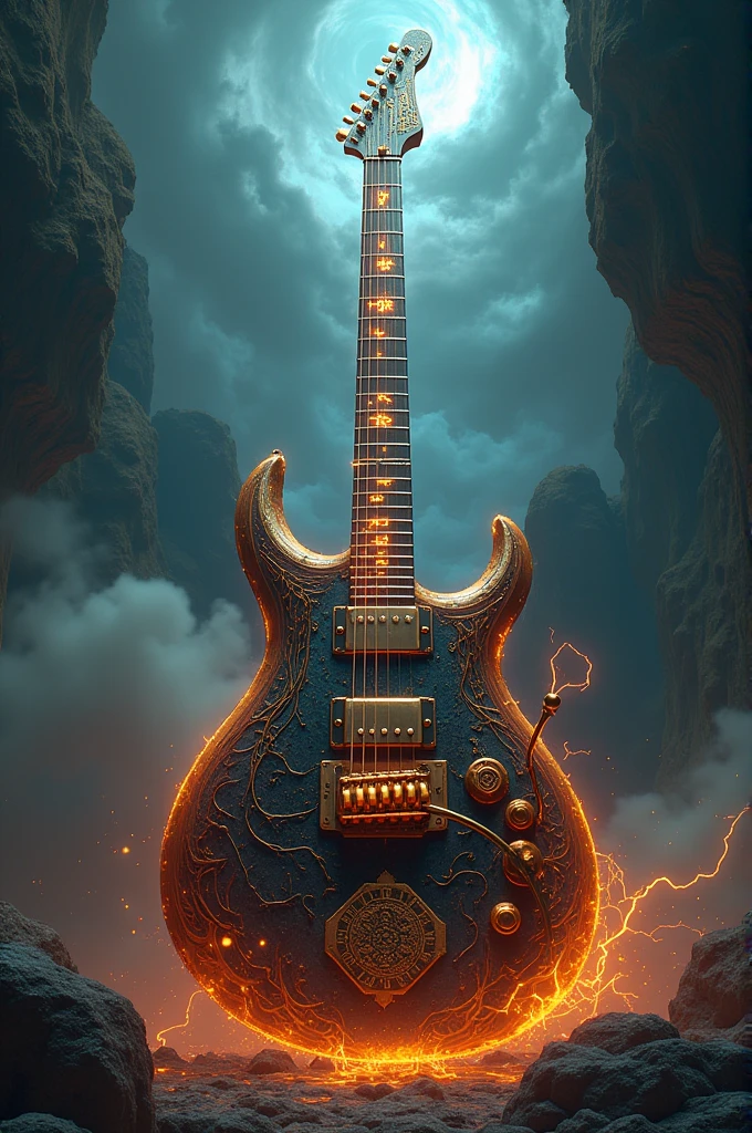 Epic electric guitar with the legend " Echoes of Time " on the mast ...