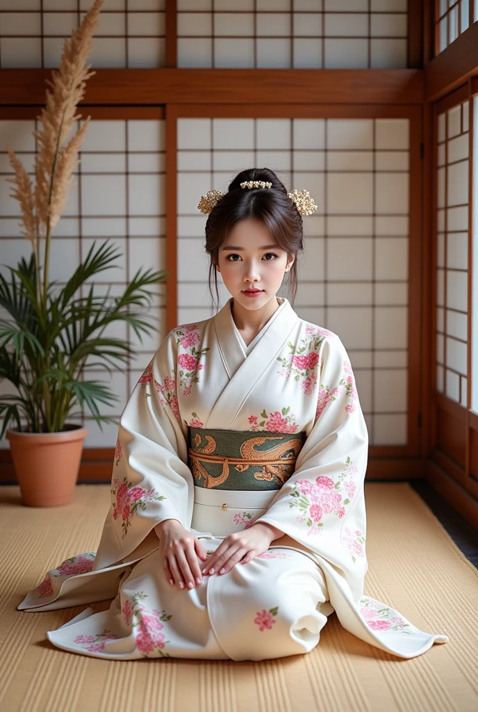 (Beautiful model in Japanese kimono commercial), (solo), ((face is 80 ...