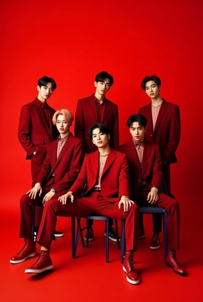 Kpop male group photo with three boys sitting and three boys standing ...