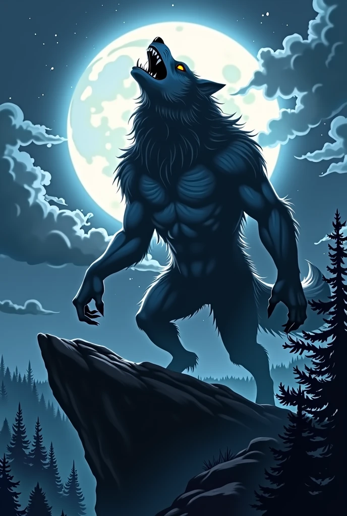 Create an anime-style image of a werewolf howling at the full moon ...
