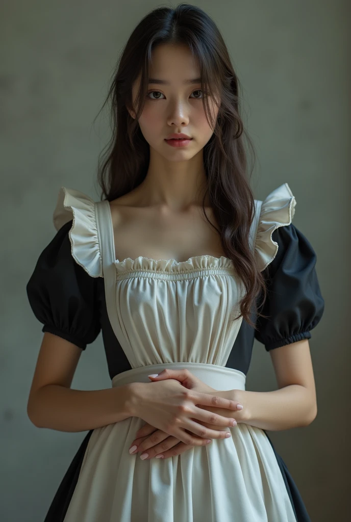 Create a realistic image of a young woman, beautiful, demure and ...