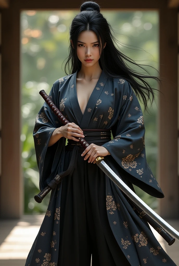 Beauty female samurai, she has long black hair, wearing kimono - SeaArt AI