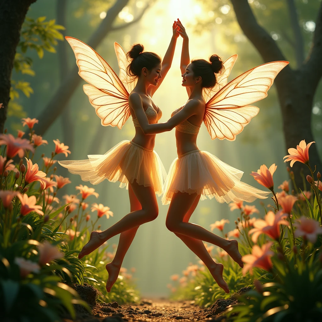 The theme is Light in the Forest 。森の中に射すtree漏れ日の中で楽し気に踊る妖精の美少女たち ...