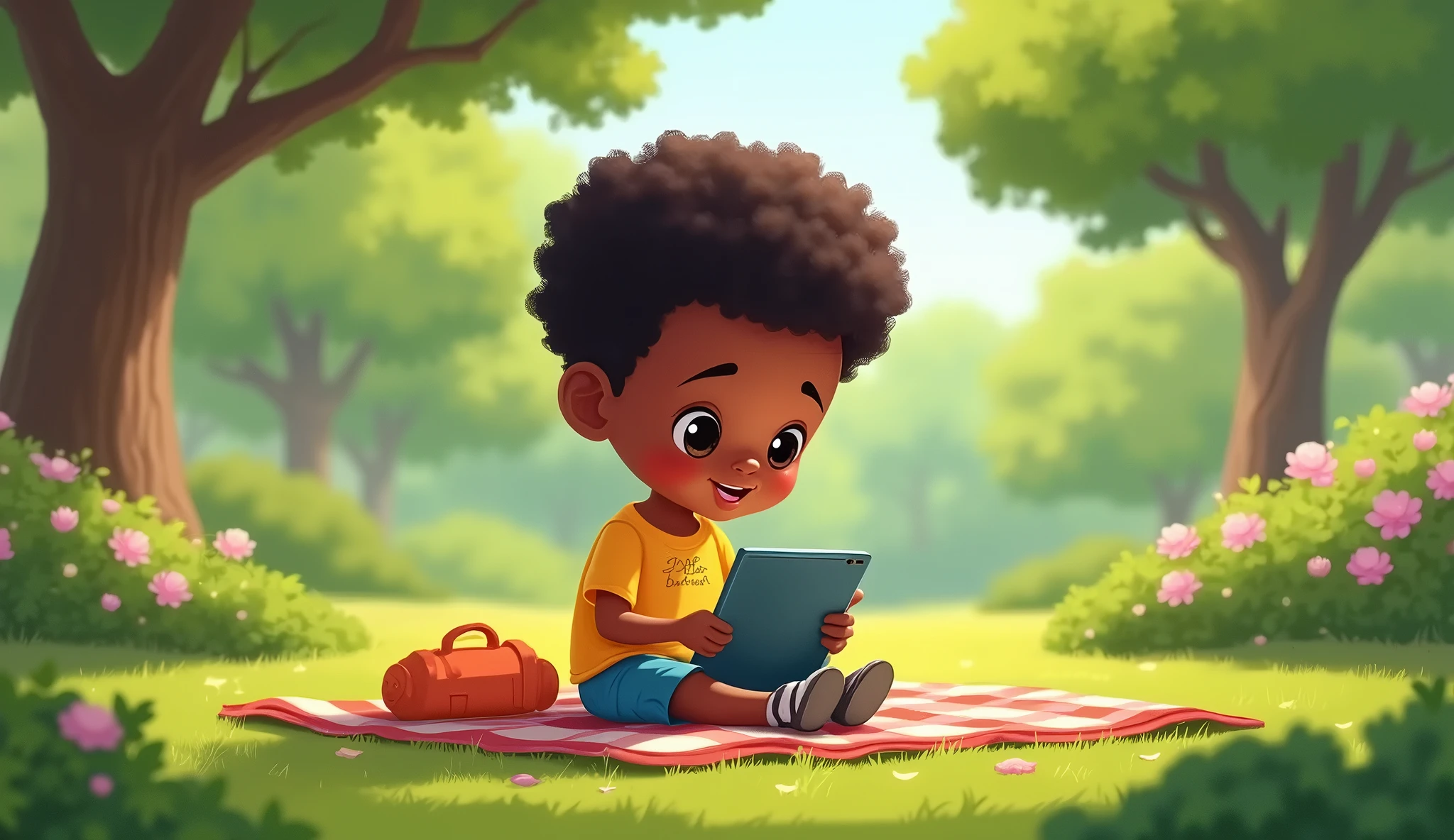 A chibi cartoon of an African American boy reading herself on tablet in ...