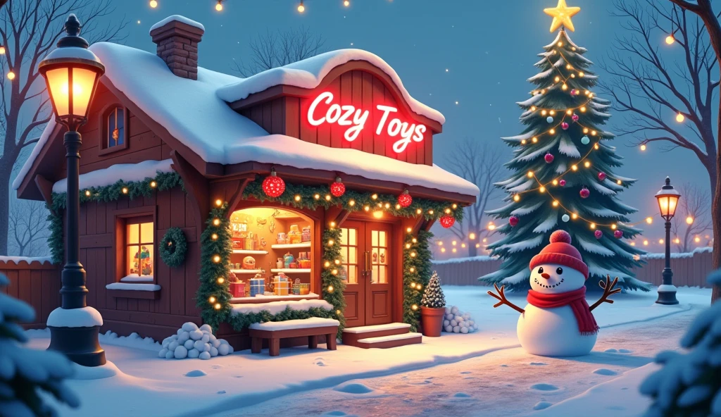 A red toy store with a warm,inviting glow inside. The building has a ...