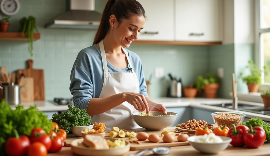 A vibrant kitchen scene with a variety of high-protein foods arranged ...