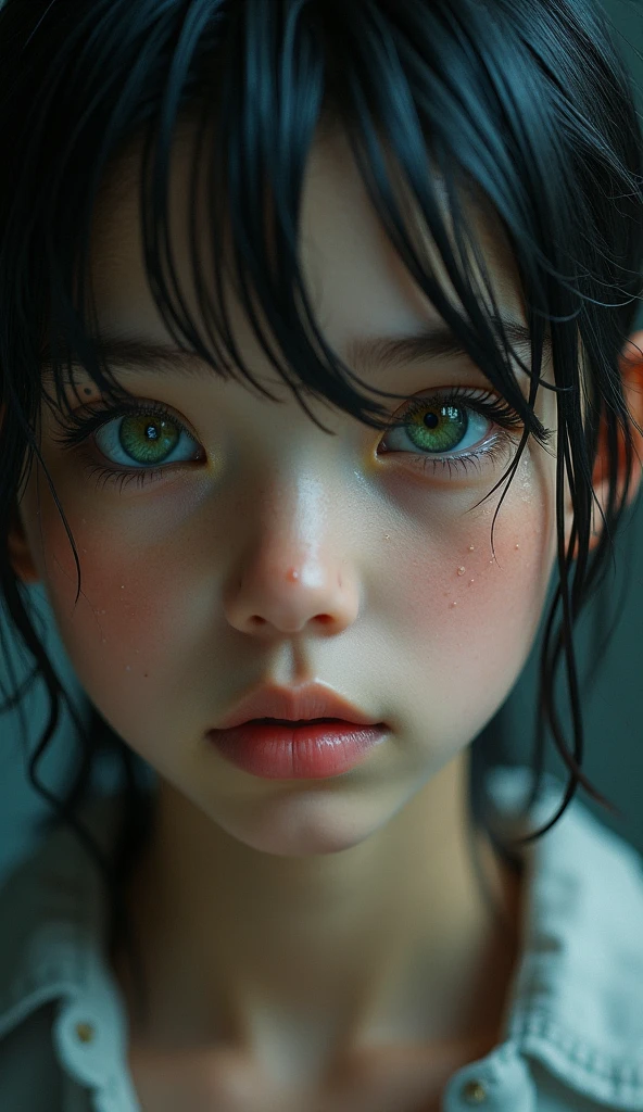 "A close-up portrait of a young person with wet skin, showing detailed ...