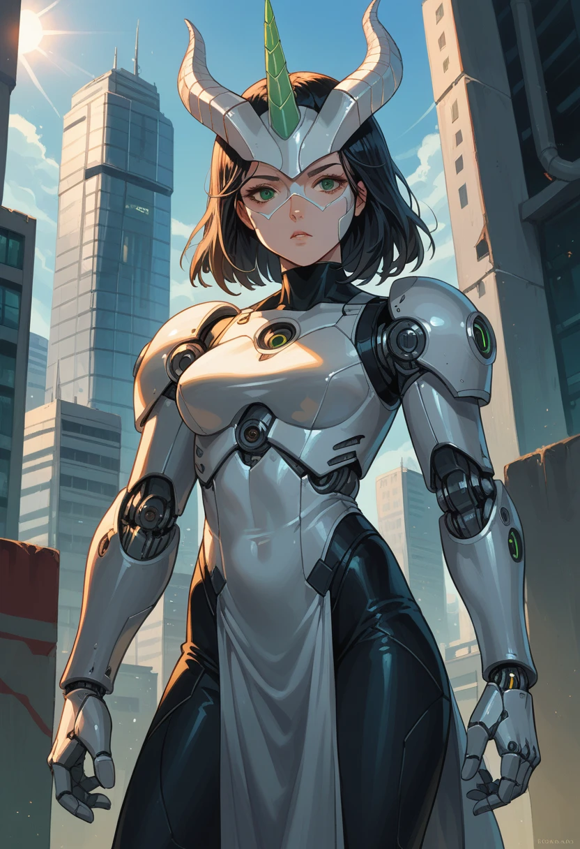 Black hair, medium hair, green eyes, swept bangs, medium breasts ...