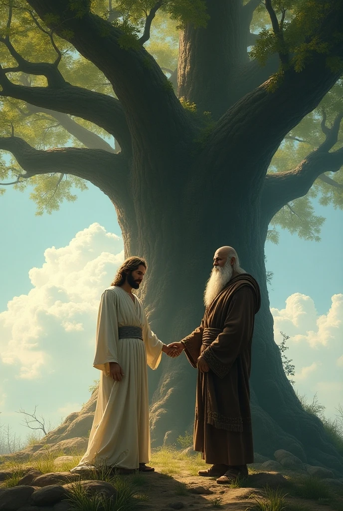 Jesus with Odin hand in hand before Yggdrasil - SeaArt AI