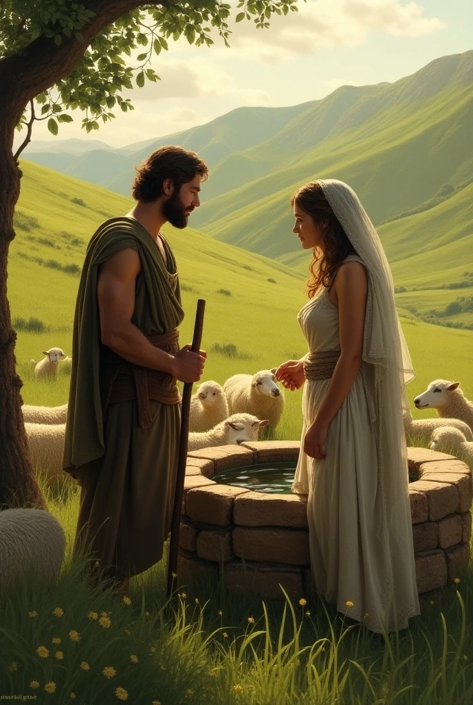 Jacob and Rachel from the Bible meeting at a well to fetch water ...
