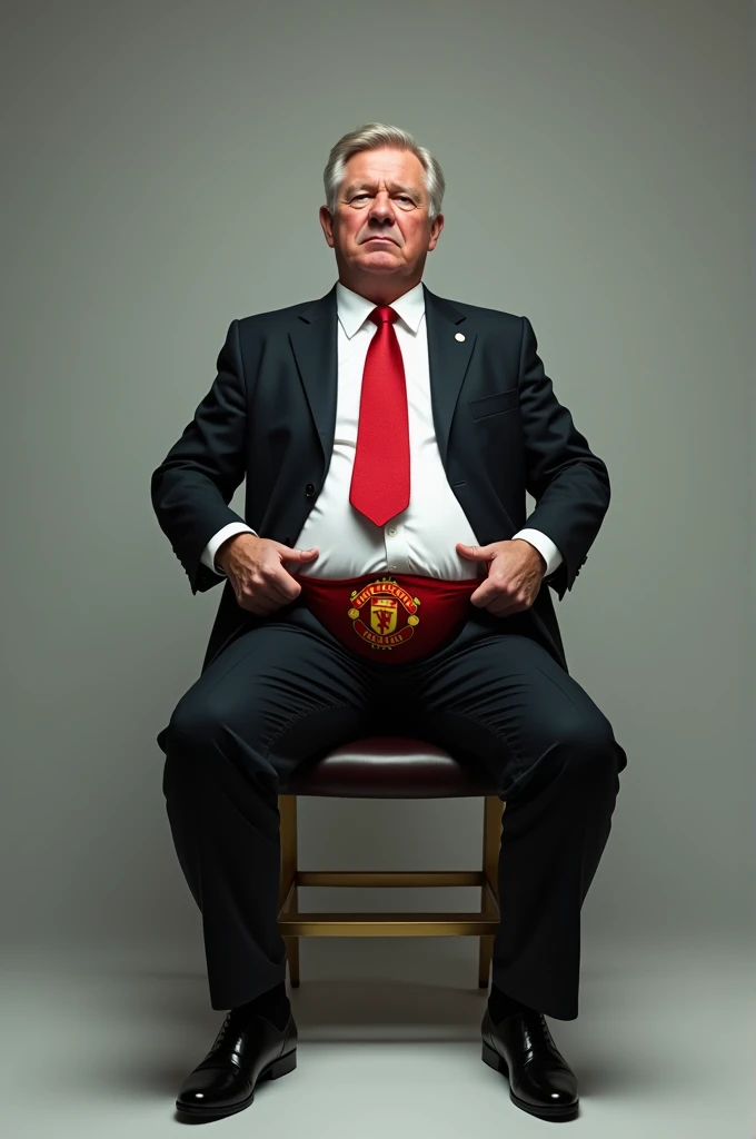 Alex Ferguson with glasses is sitting, dressed in suit, red tie - SeaArt AI