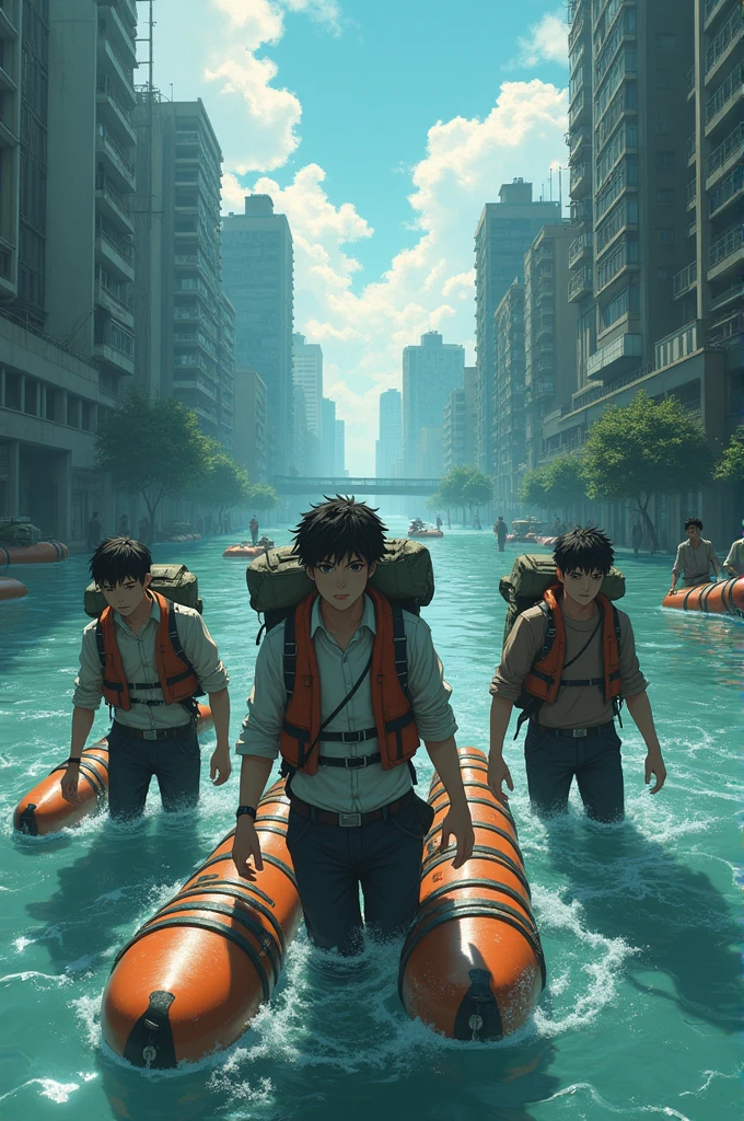Anime art, male characters with survival kit and upside small raft ...